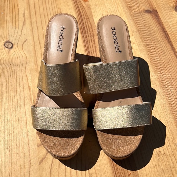 Shoe Dazzle | Shoes | Gold Cork Wedge 2 Strap Wedge Backless Sandals ...